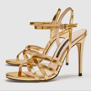 Zara | Shoes | Zara Laminated Strappy Gold Sandals Crossed Straps ...